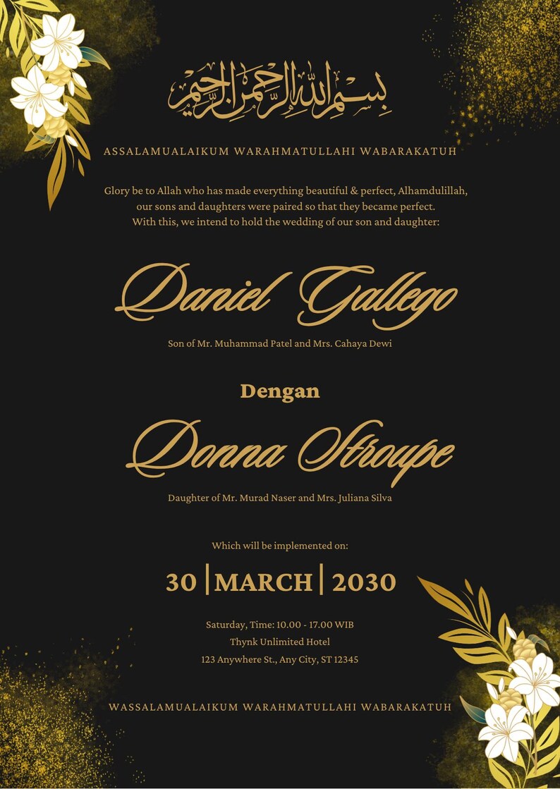 Black & Gold Floral Wedding Invitation | Elegant Template (digital ...
