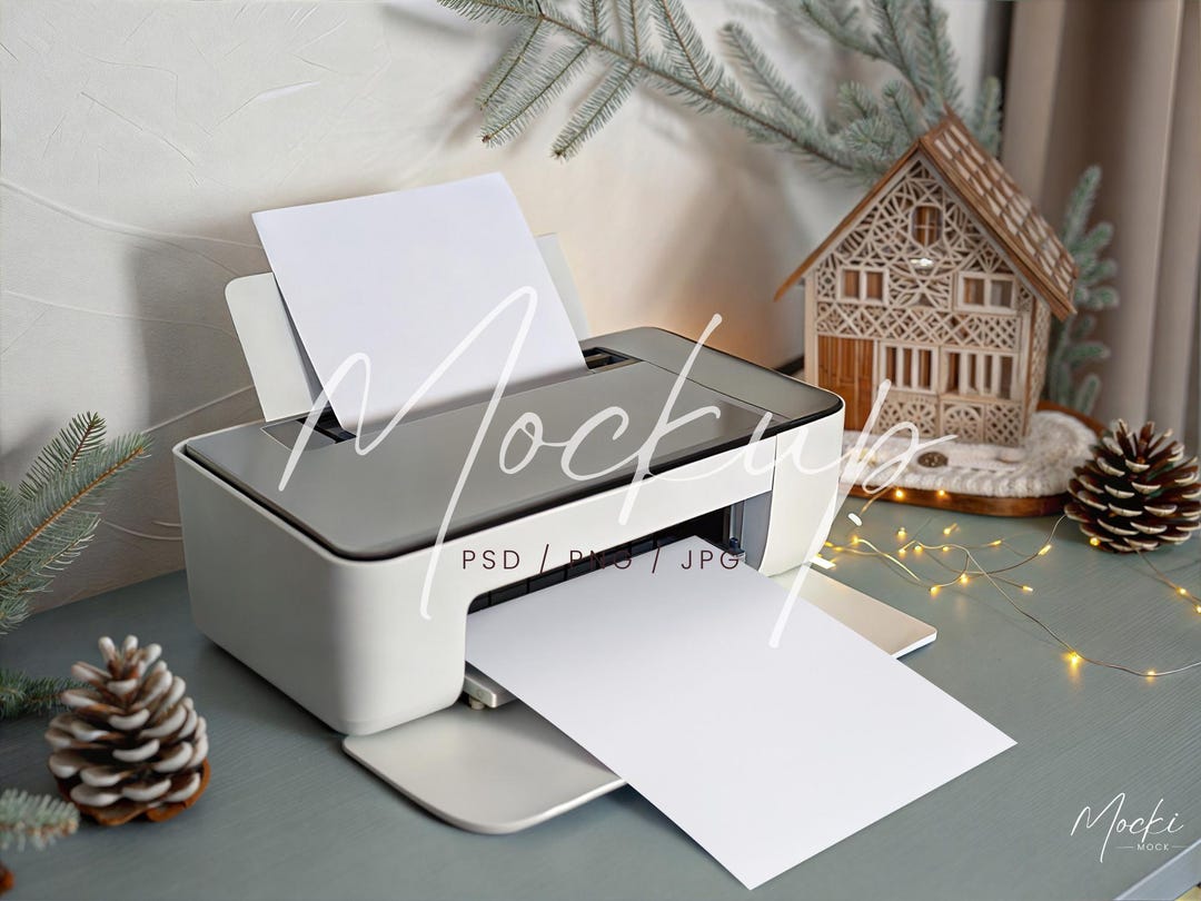 Home Printer Mockup – Cozy Winter Desk Printing Scene for Photoshop and ...