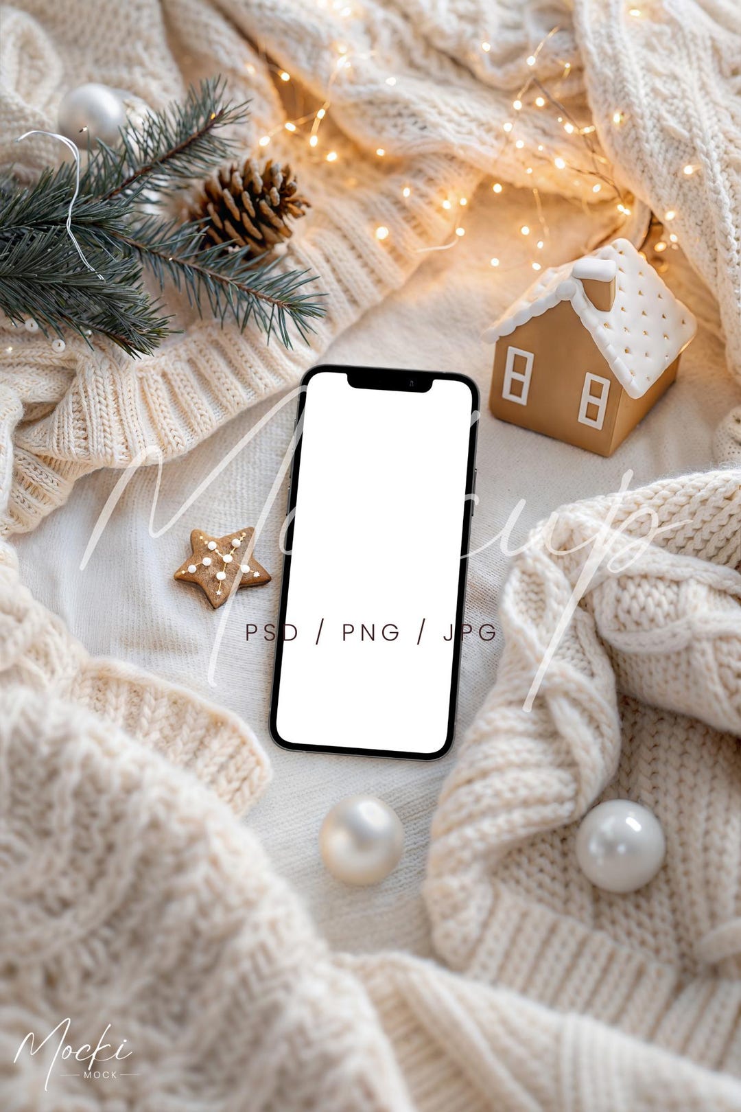 Christmas iPhone Mockup, Winter Device Screen, Holiday Lights (PSD, JPG ...