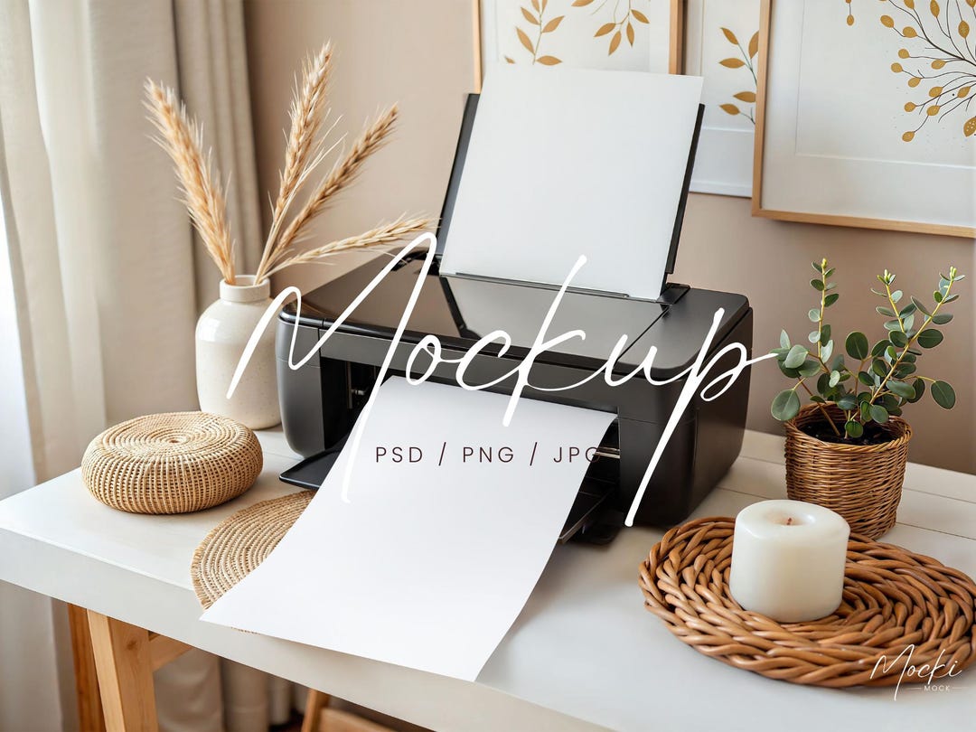 Desk Printer Mockup, Black Printer Mockup, Bohemian Home Printer A4 ...