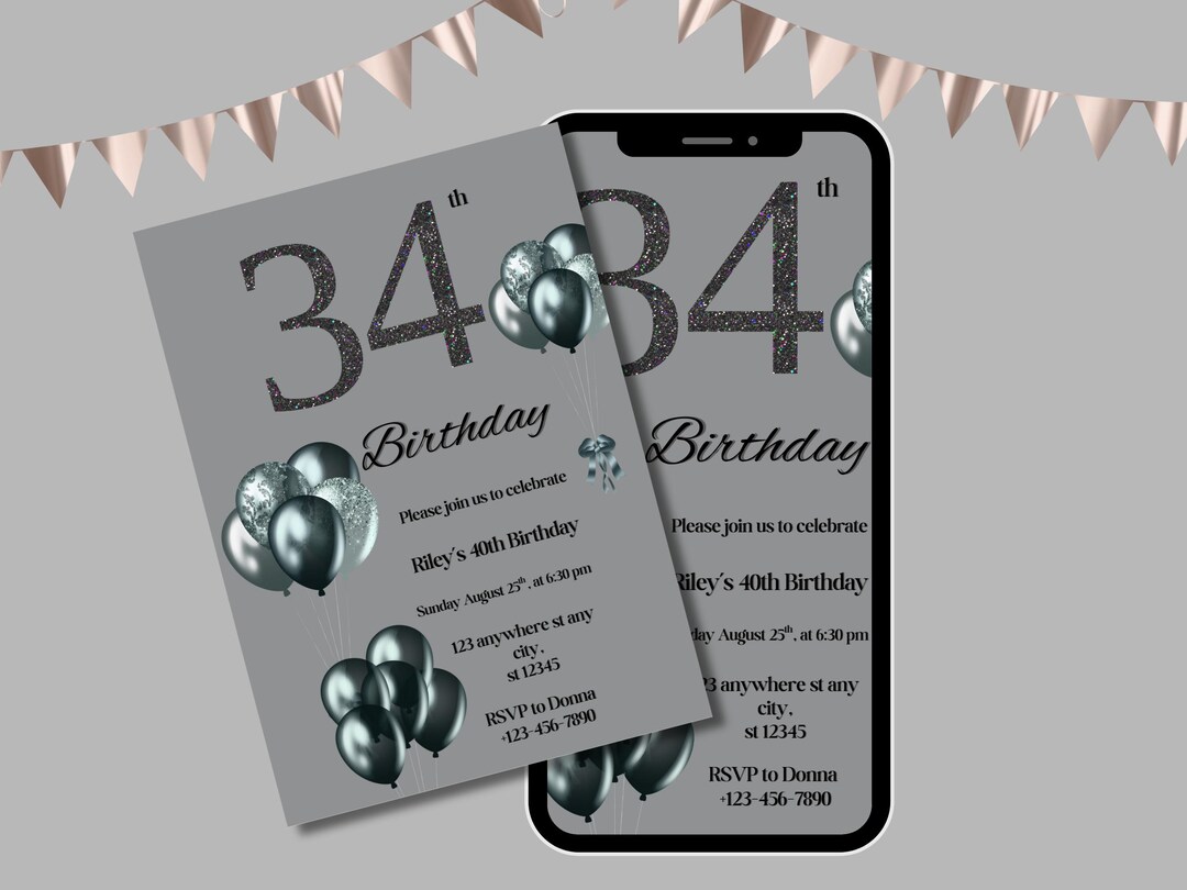 Editable 34th Birthday Invitation | Canva Template | Digital Download ...