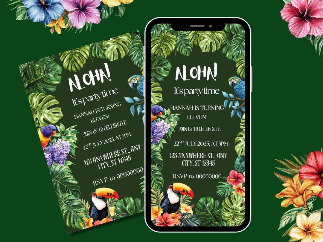 Tropical Jungle Birthday Invitation | Parrot Party Invite | Colorful ...
