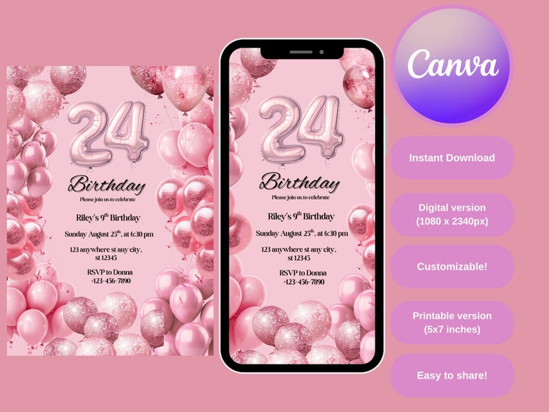 Editable 24th Birthday Invitation Pink Balloons | Digital Invite ...