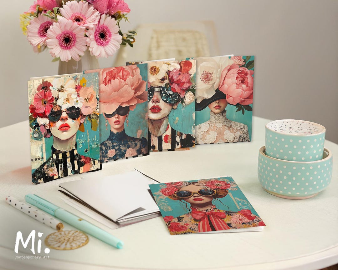 Set of 5 Artistic Greeting Cards With Floral Fashion Portraits for ...