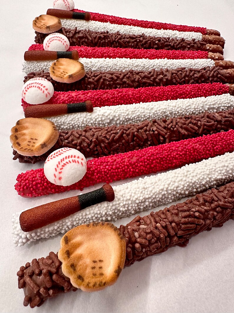 12-baseball Themed Chocolate Covered Pretzel Rods for Baseball Party ...