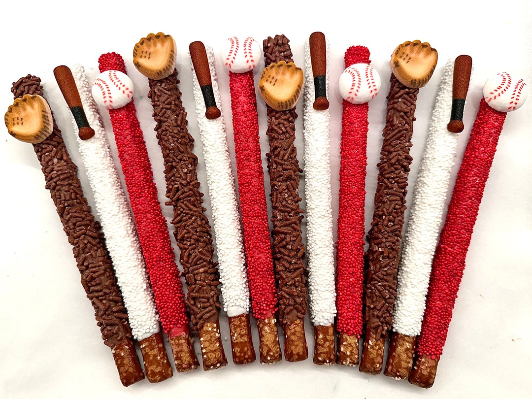 12-baseball Themed Chocolate Covered Pretzel Rods for Baseball Party ...