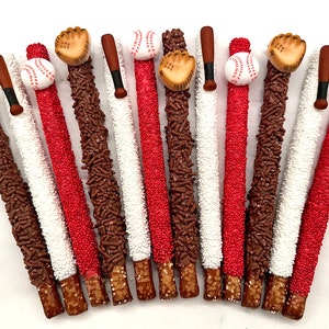 12-baseball Themed Chocolate Covered Pretzel Rods for Baseball Party ...