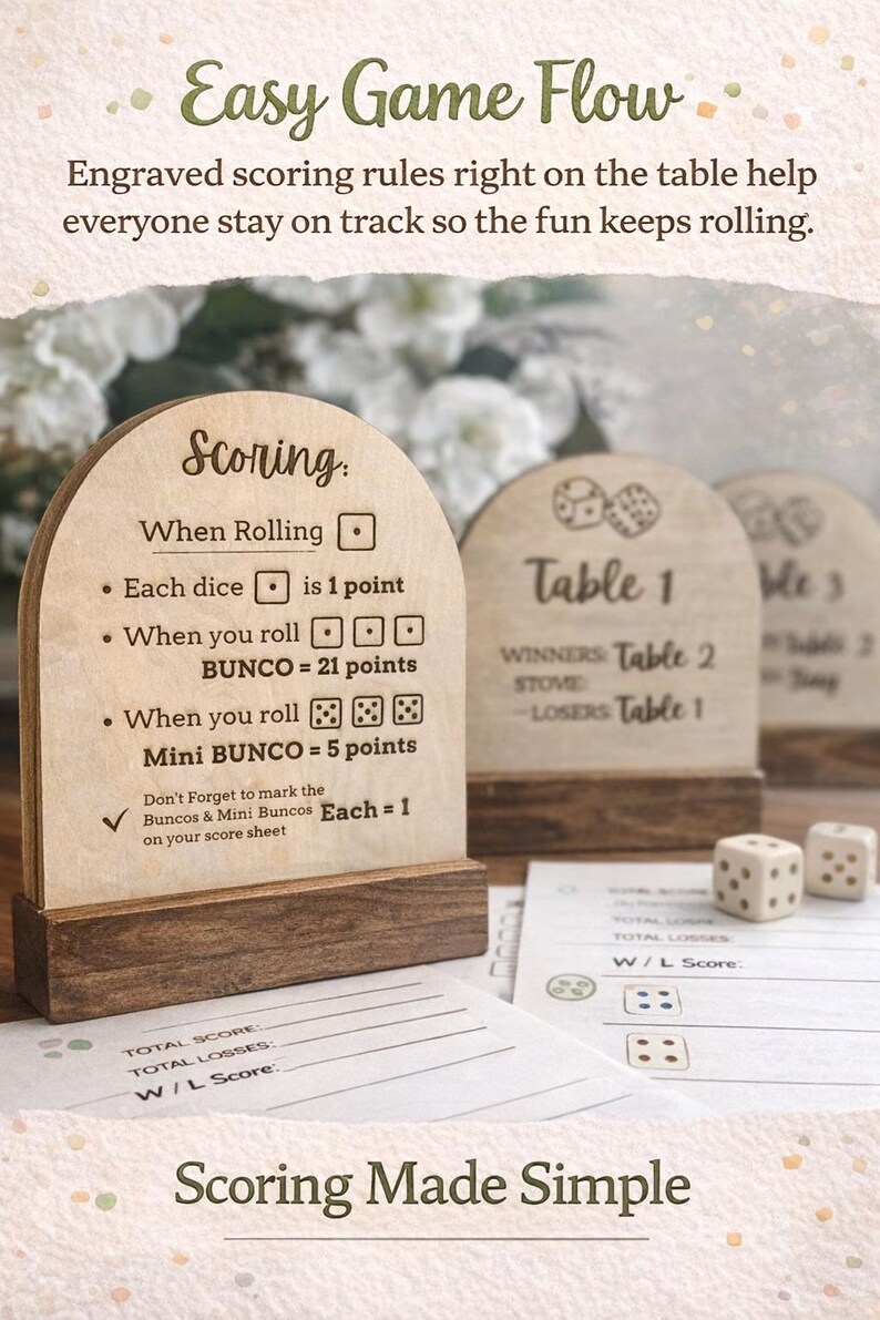 Bunco Table Numbers | Two-sided Cards, Score Sheets, Rules, Tally ...