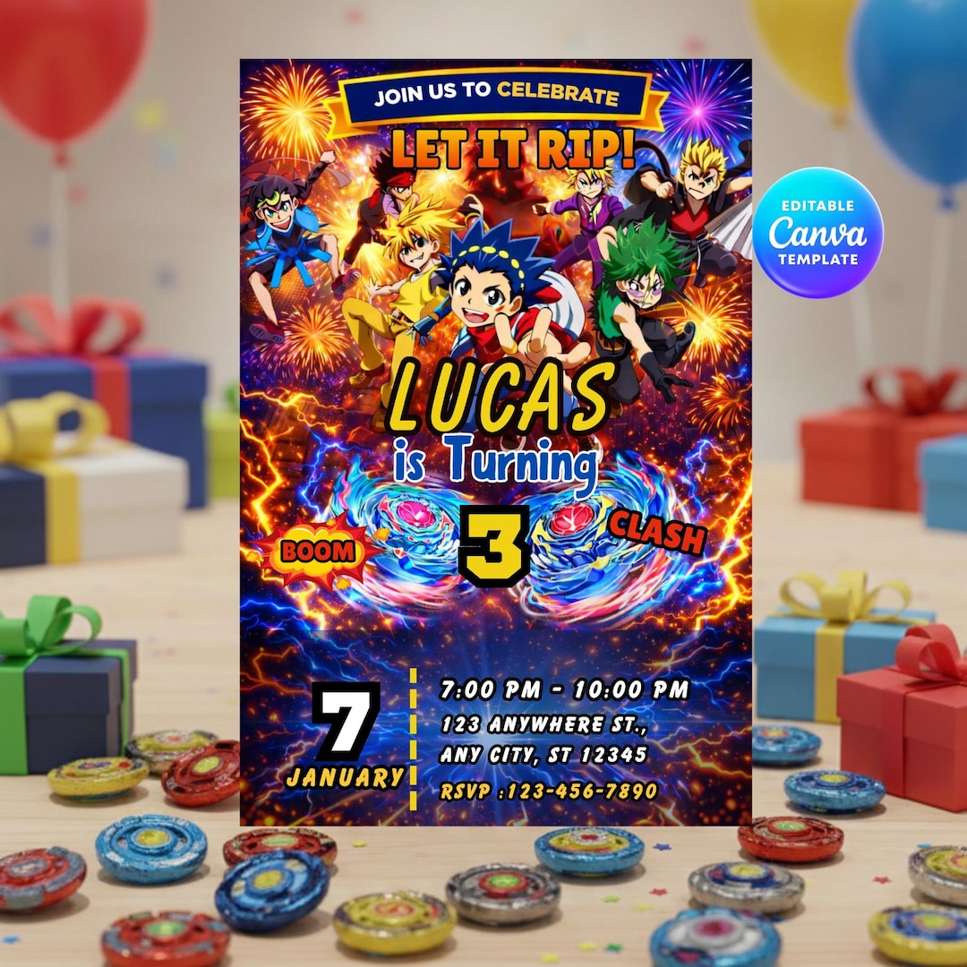 Beyblade Birthday Invite, Spinning Toy Invitation Template, Blade ...