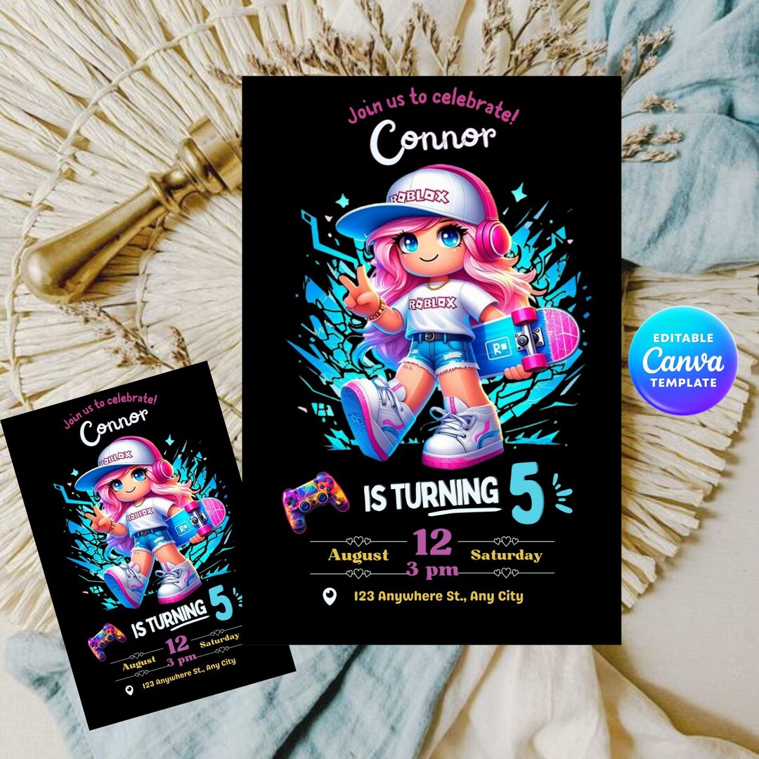 Roblox Invitation Canva: Editable Gamer Party Invite for Boys, Online ...