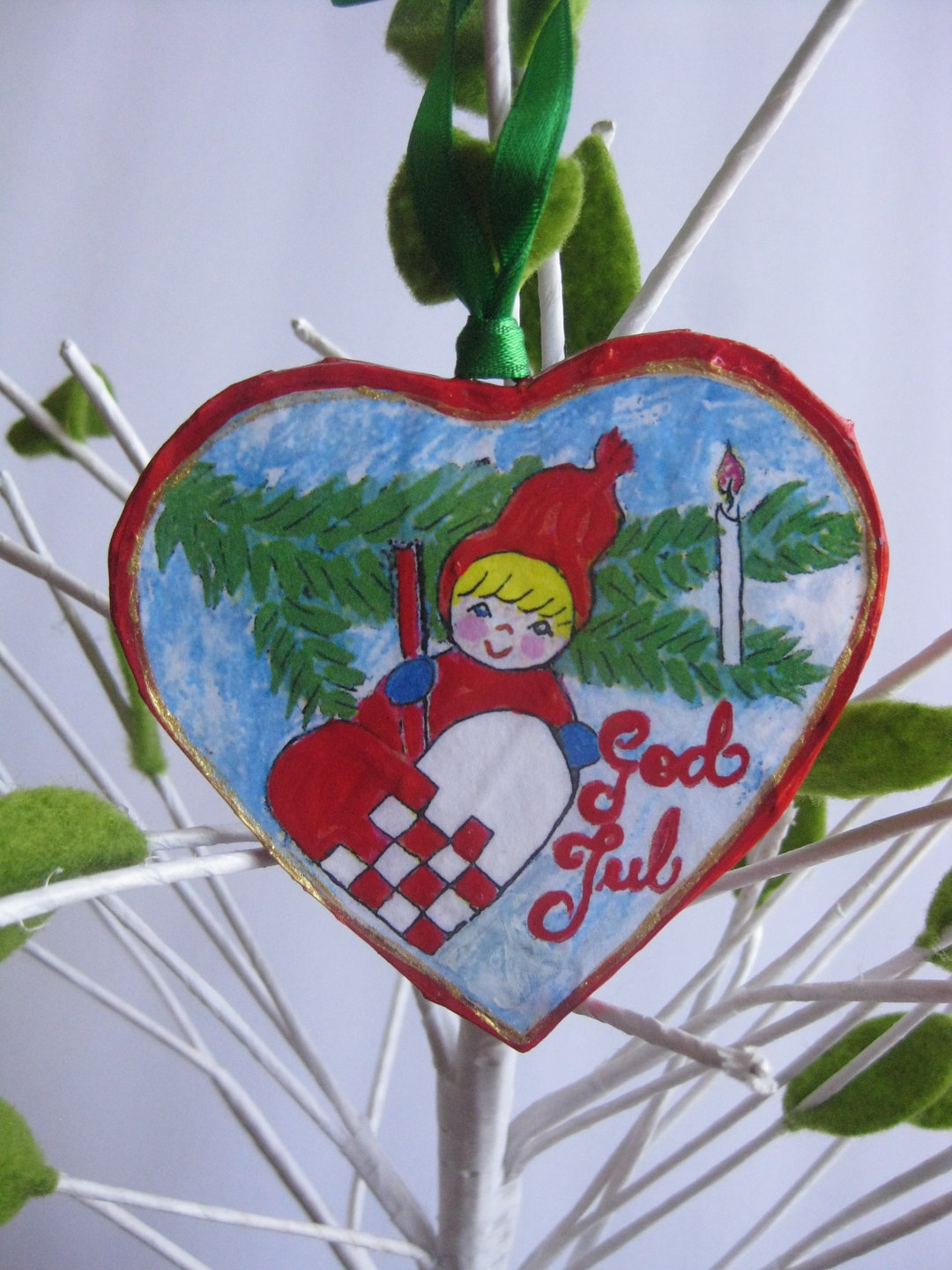 Tomte Boy With a Basket Heart, Heart Ornament, Handcrafted, Handpainted ...