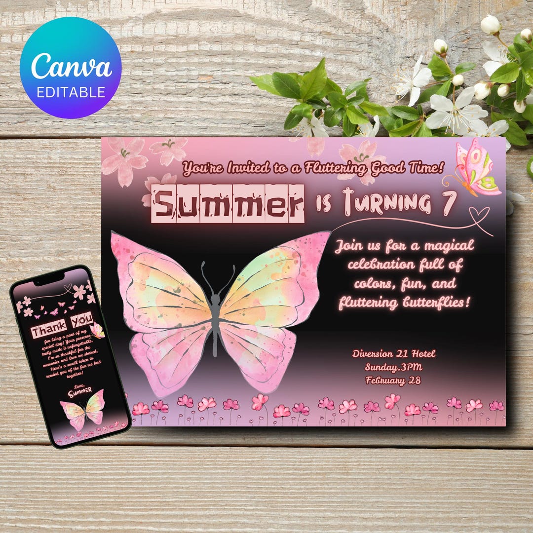 Butterfly Birthday Invitation: Floral Theme, Editable Template (digital ...
