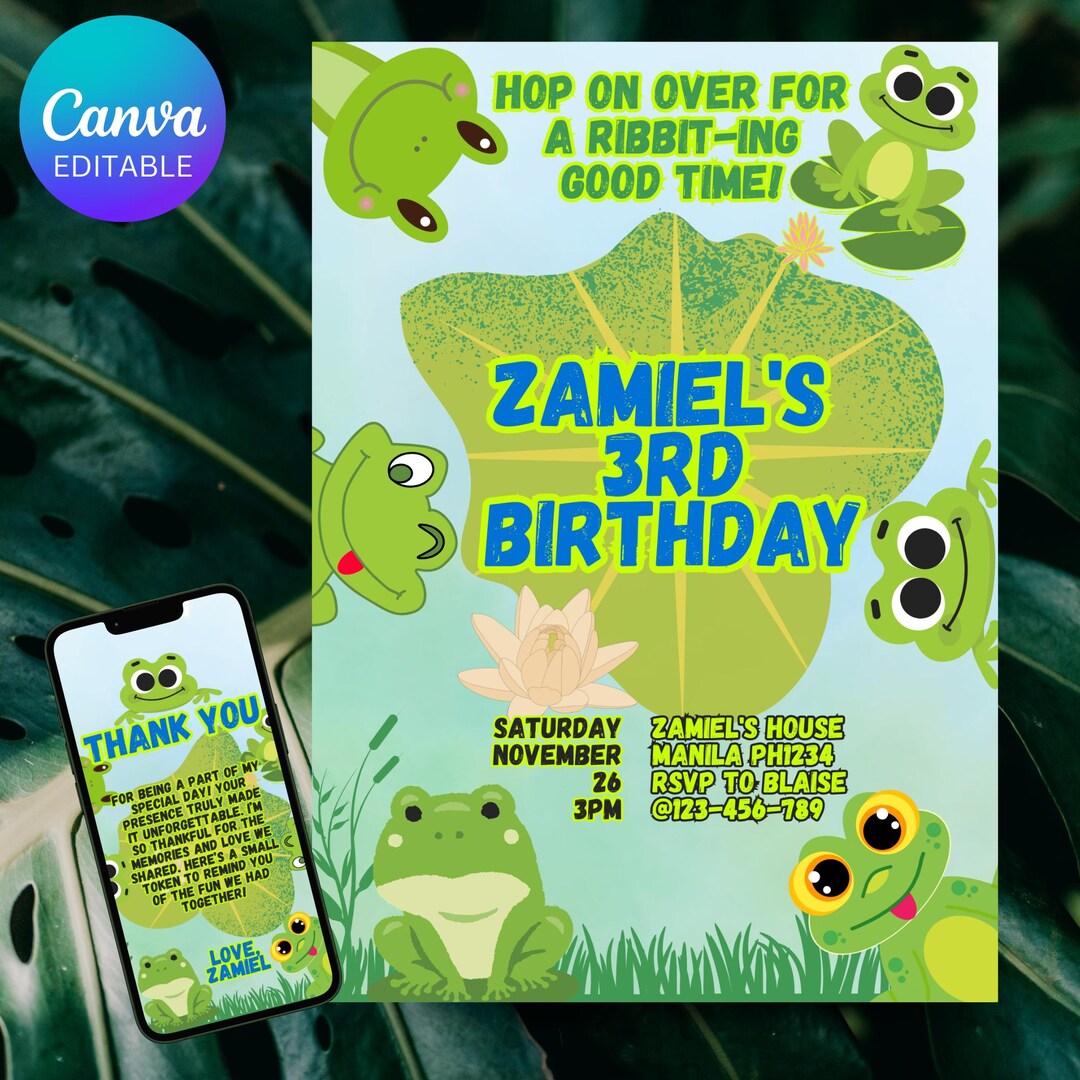 Frog Birthday Invitation Frog Theme Birthday Party Editable Frog ...