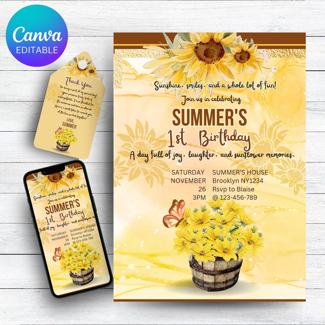 Sunflower Theme Birthday Invitation Editable Flower Birthday Digital ...