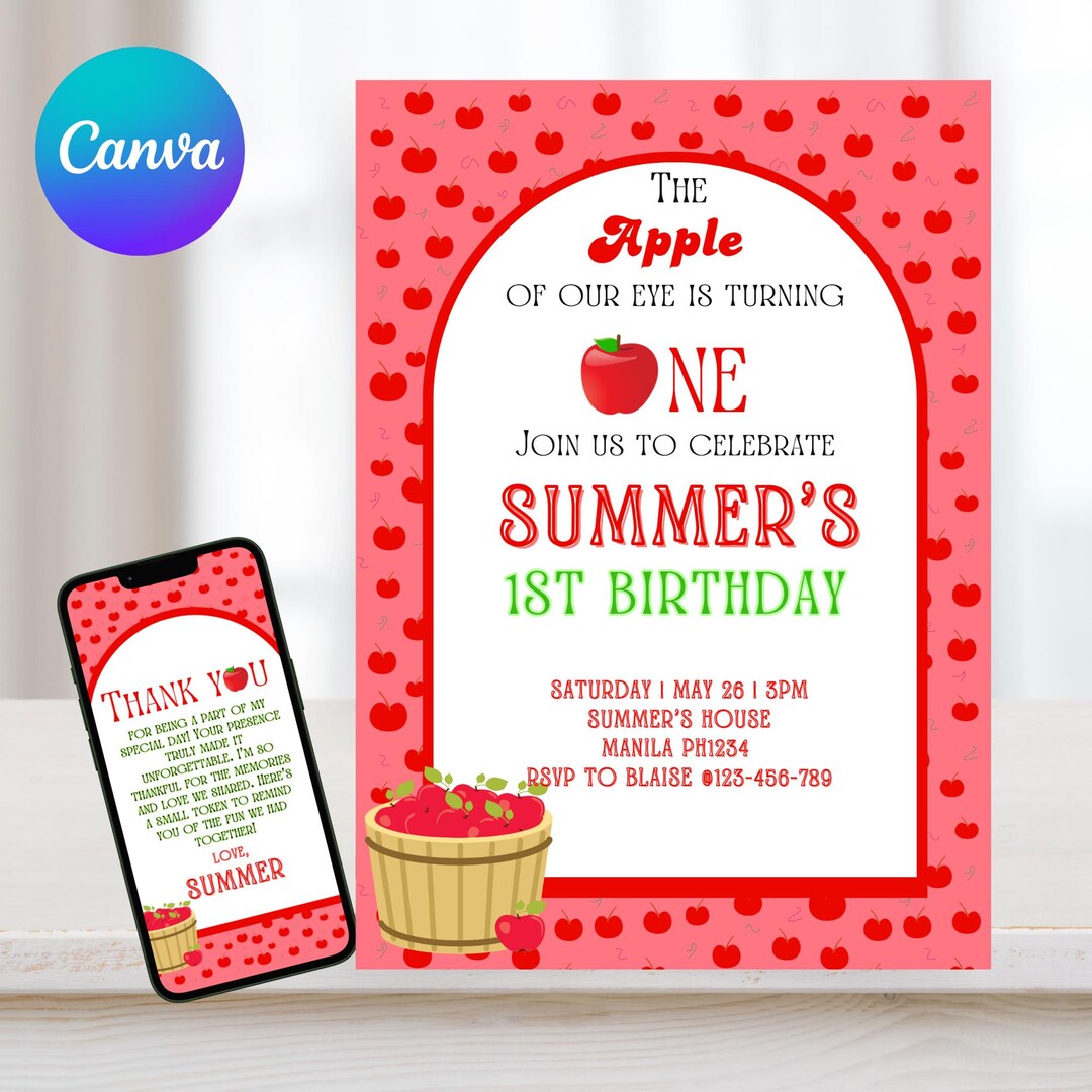 Apple Birthday Invitation Apple Theme Birthday Party Editable Apple ...