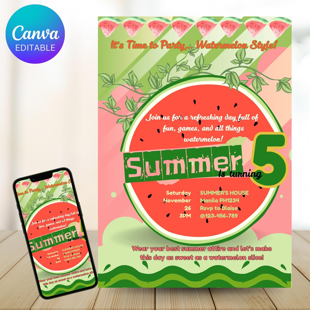 Watermelon Birthday Invitation Party Editable Fruit Theme Birthday ...