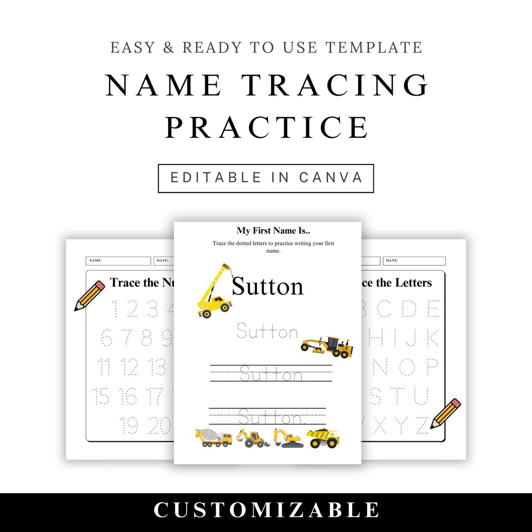 Custom Name Tracing Sheet, Alphabet, Numbers, Construction Theme - Etsy