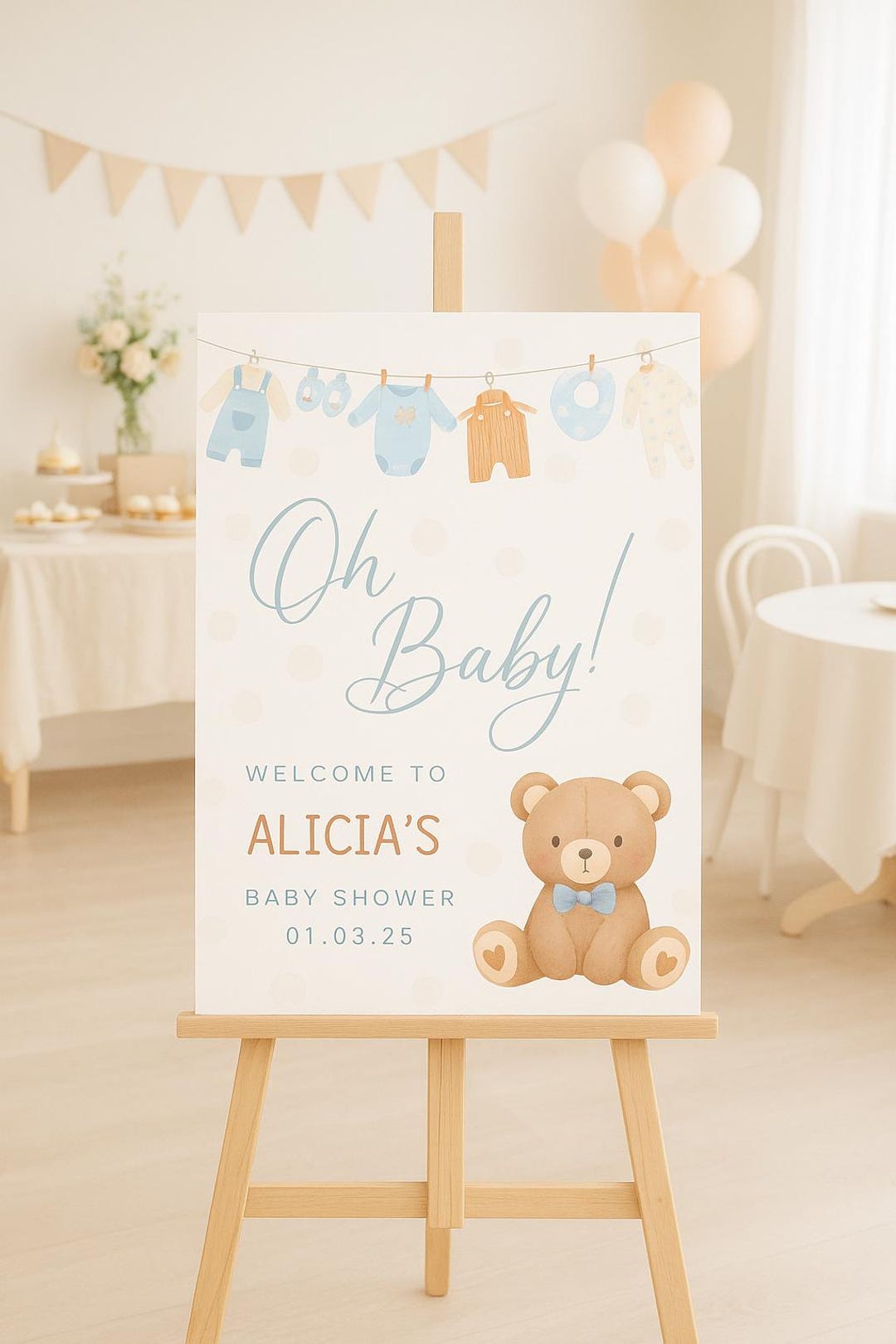 Bear Baby Shower Welcome Sign: Blue Laundry Theme Decor Editable ...