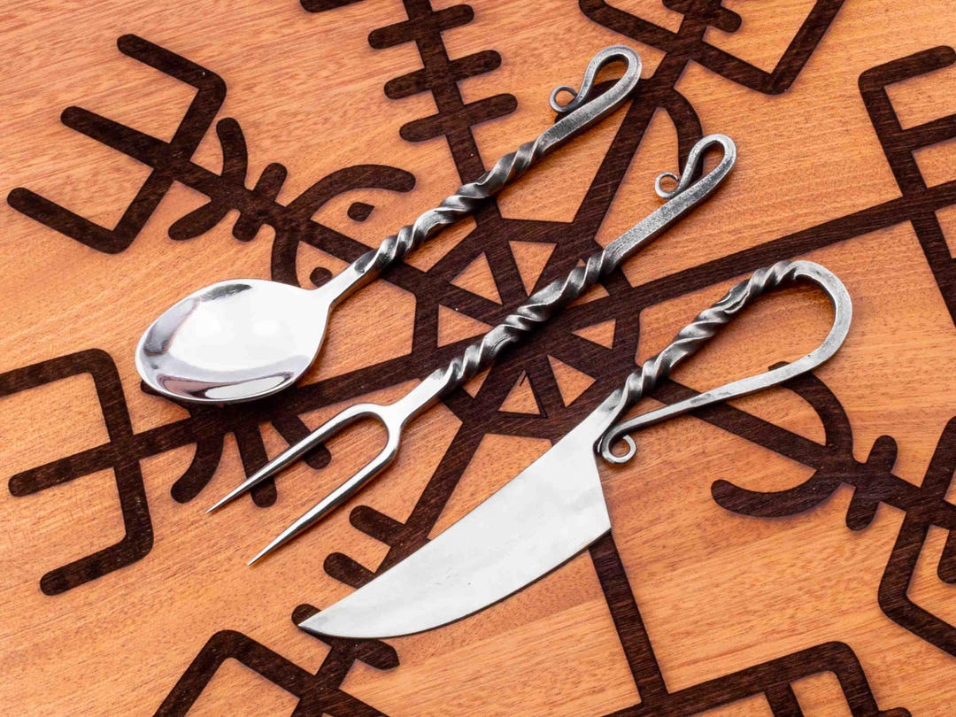 Viking Cutlery Set of 3 Hand-forged Double Twist Handle Mirror Polished ...