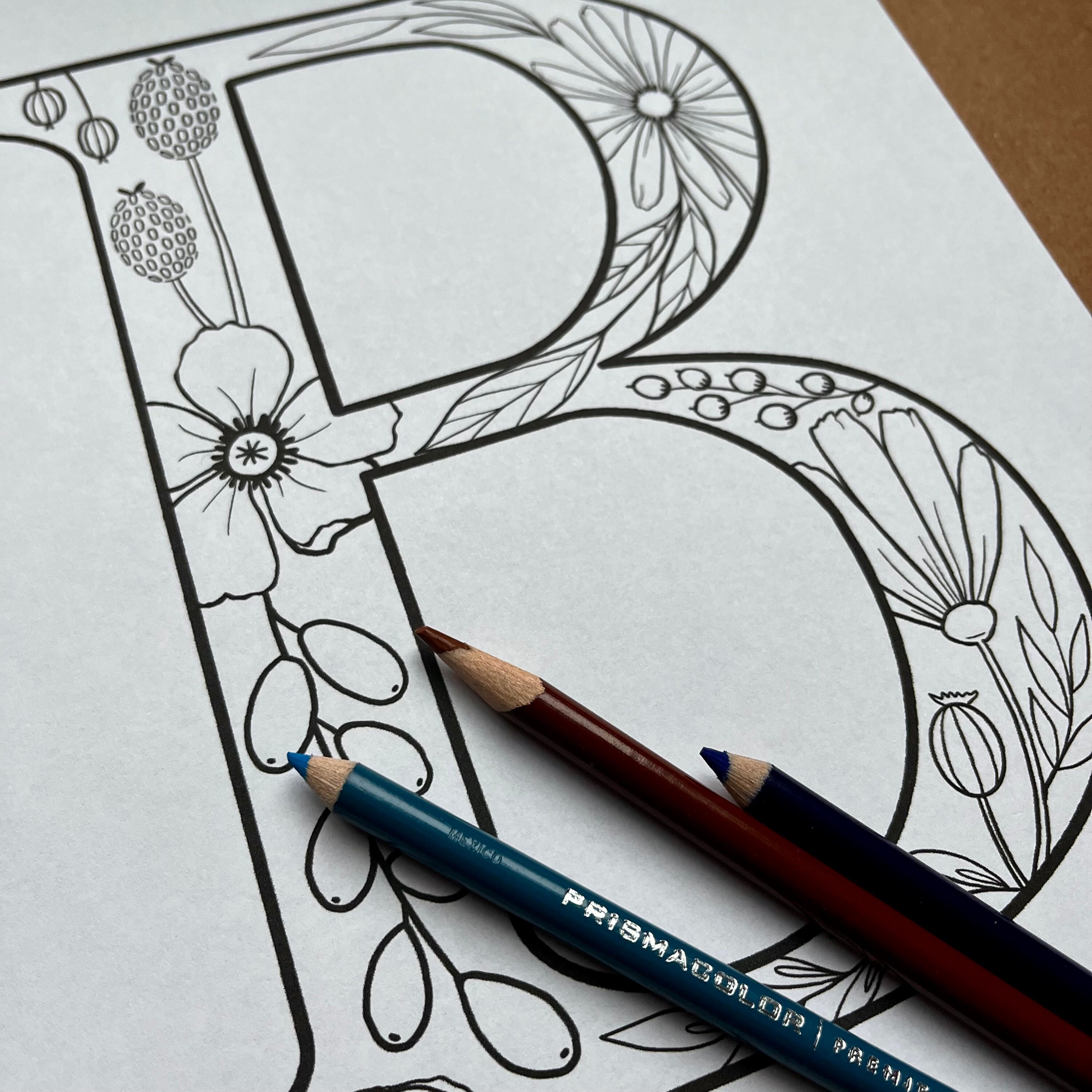 Monogram Coloring Sheet, Letter M With Vintage Florals Coloring Page ...