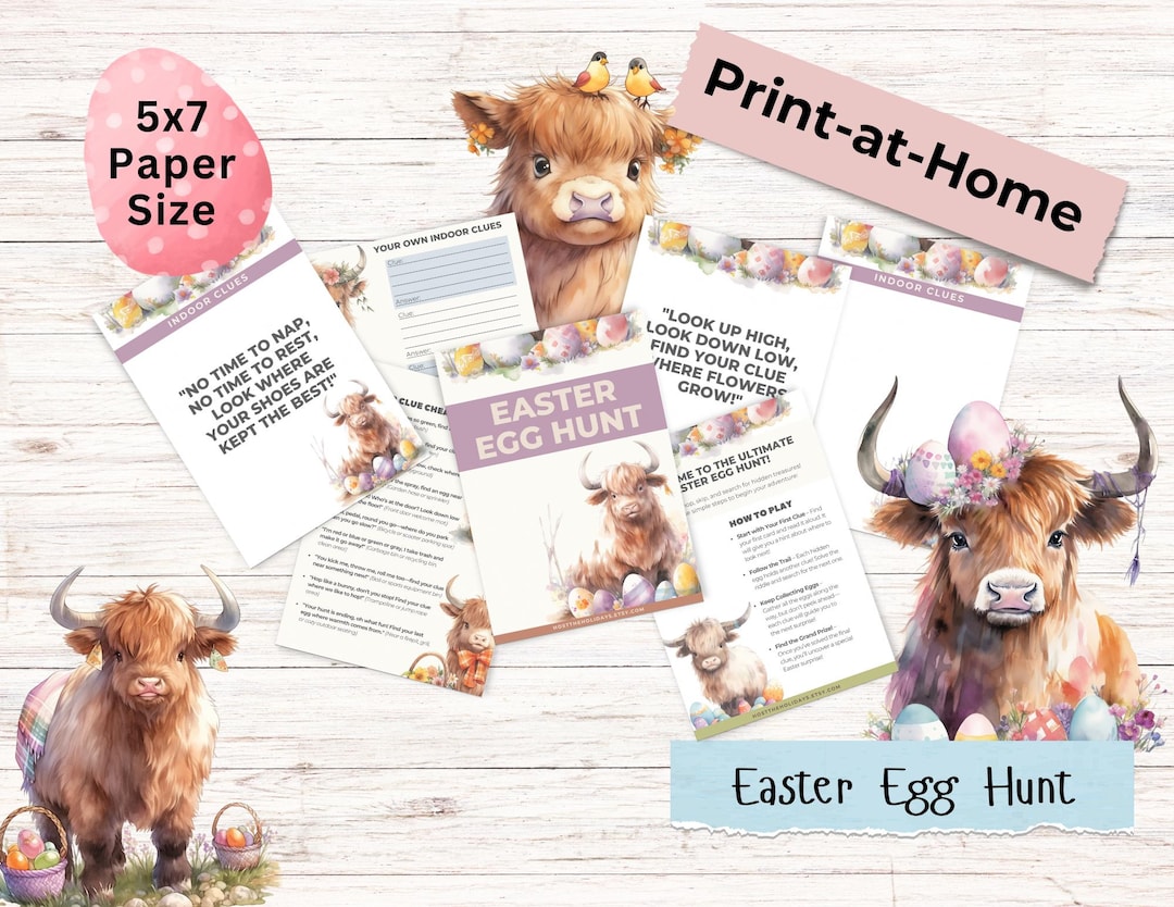 Printable 5x7 Easter Egg Hunt, Highland Cow. Clues and Riddles, Perfect ...