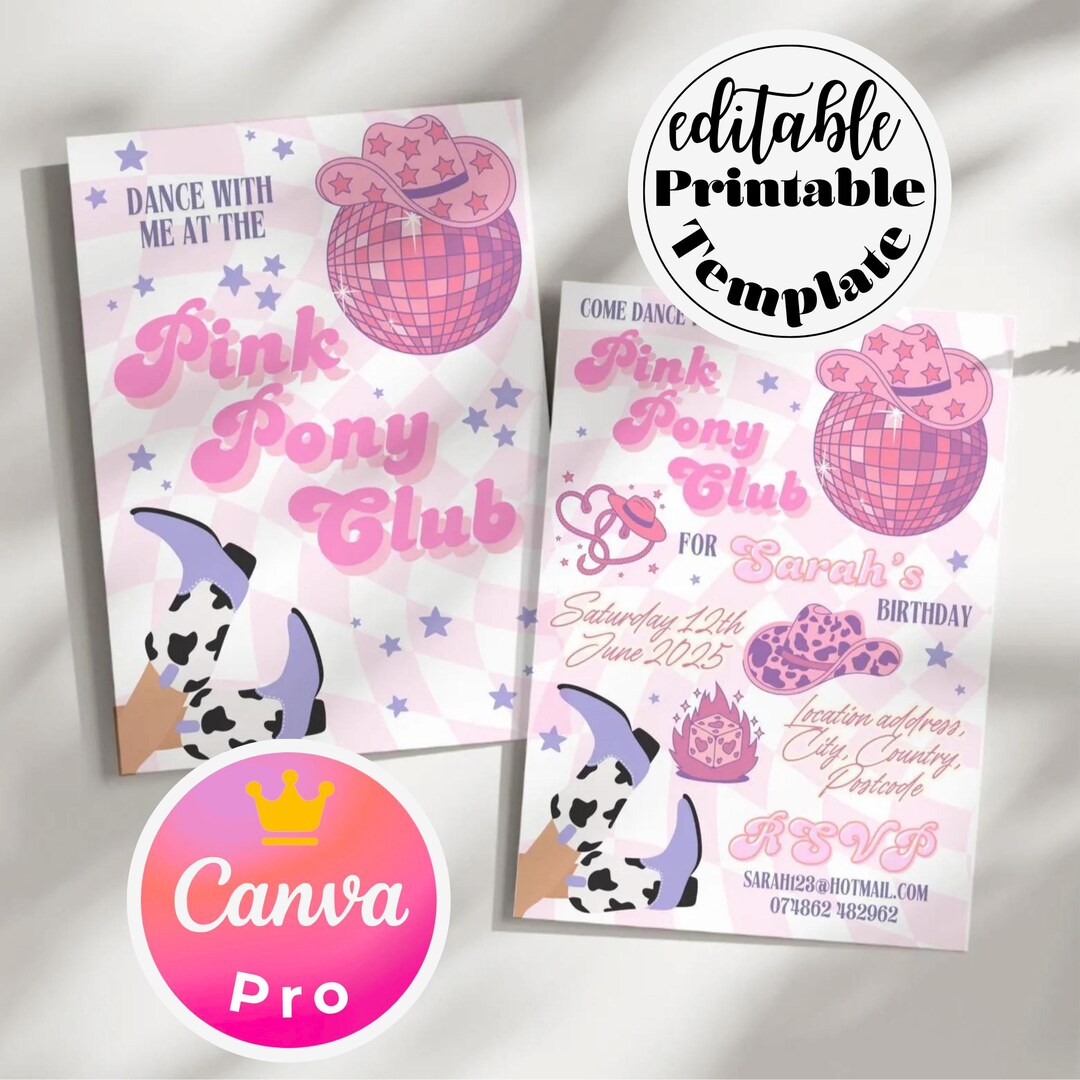 Pink Pony Club Invitation Canva Pro Template, Coastal Cowgirl, Cowgirl ...