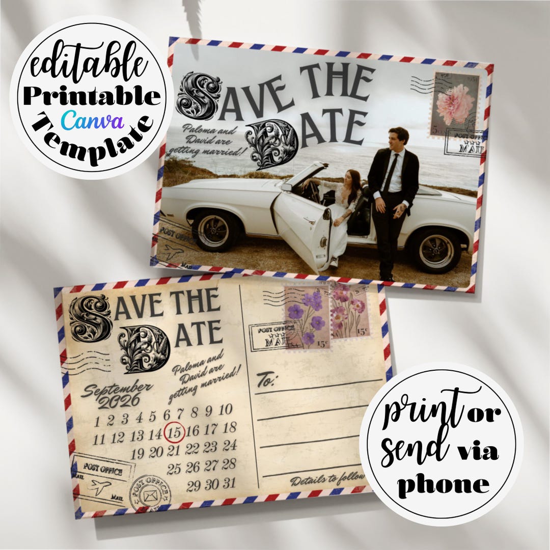 Retro Save the Date Postcard Invitation Template, Rustic Save the Date ...