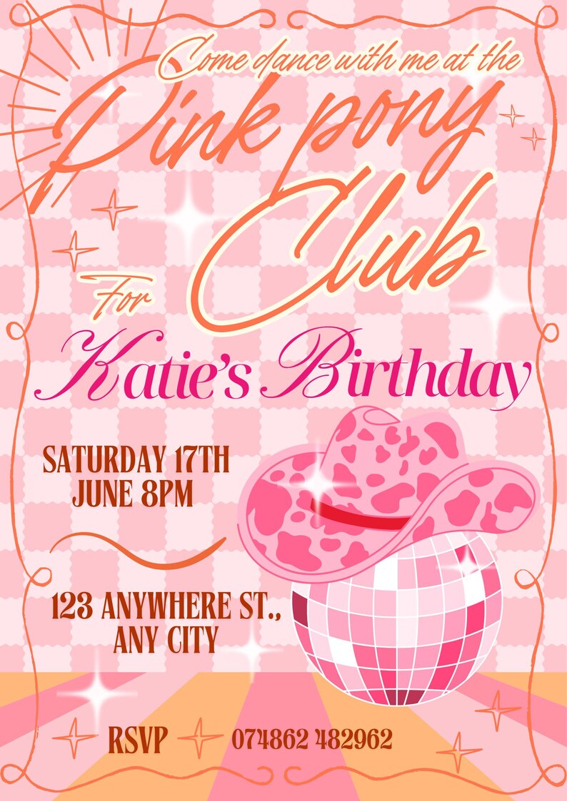 Pink Pony Club Invitation Canva Template, Coastal Cowgirl, Cowgirl Boot ...