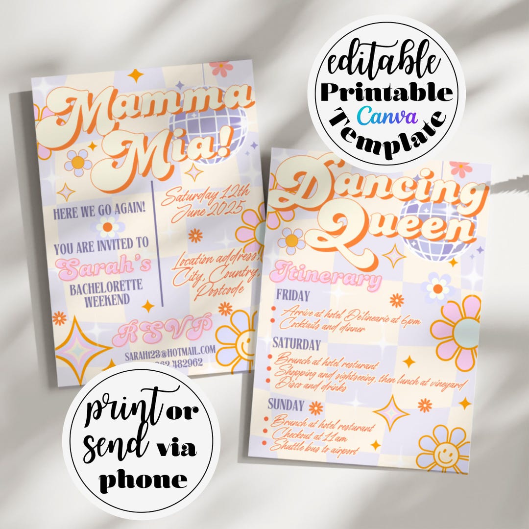 Mamma Mia Party Invitation & Itinerary Canva Template, ABBA Party ...