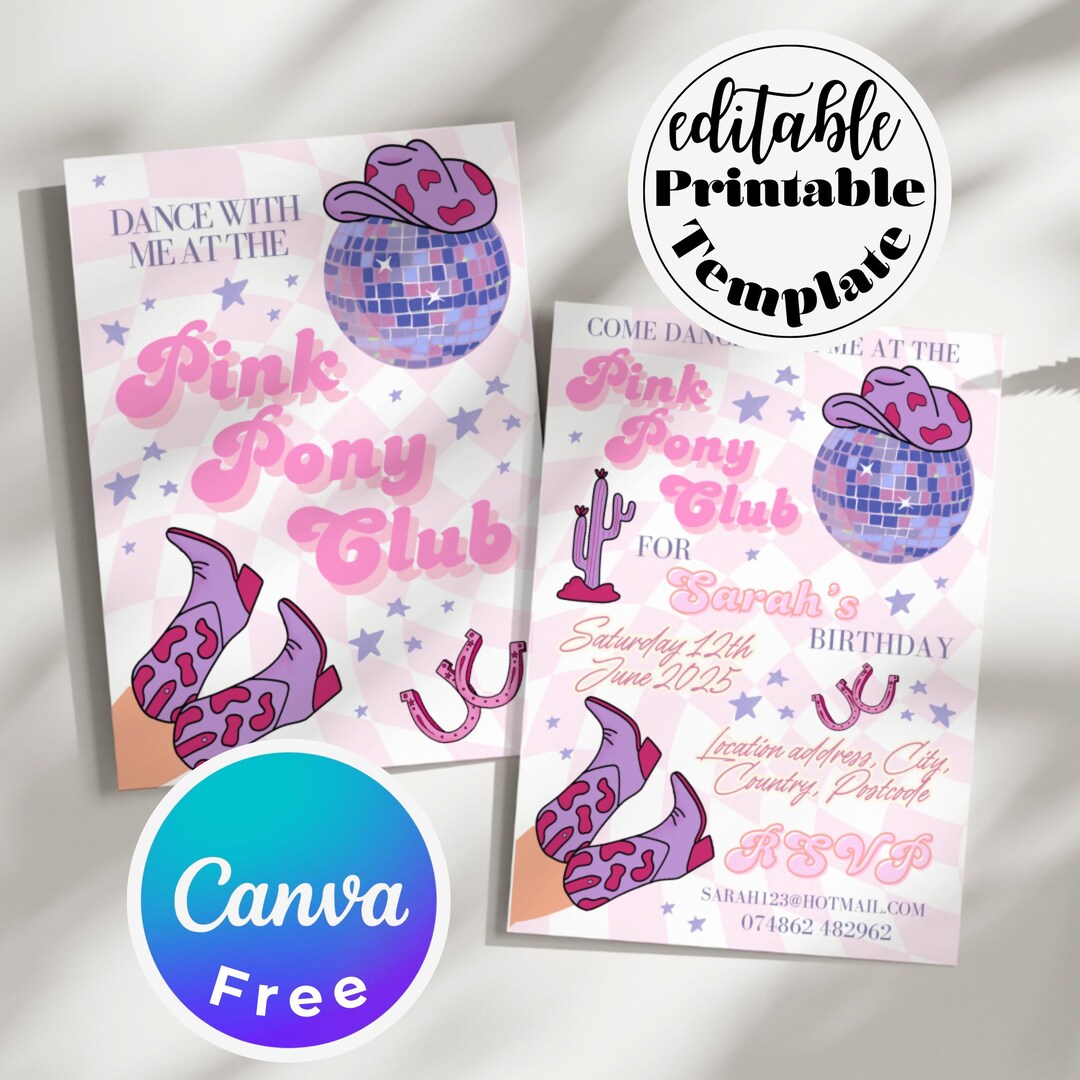 Pink Pony Club Invitation Canva Free Template, Coastal Cowgirl Cowgirl ...