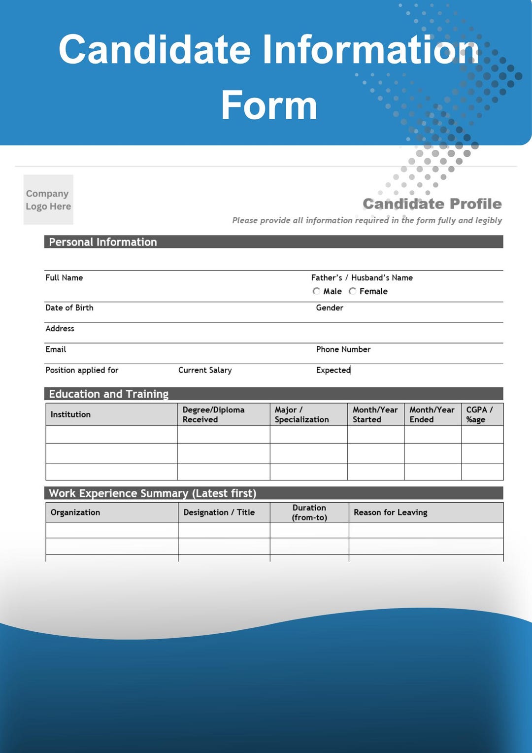 Editable Candidate Information Form: HR Interview Sheet (printable PDF ...