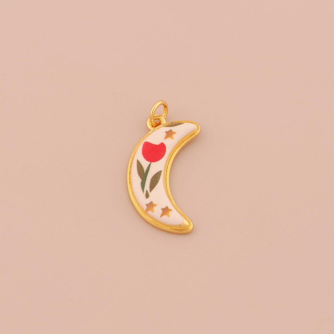 18K Gold Filled Enamel Crescent Moon Pendant Flower Charms Star Charm ...