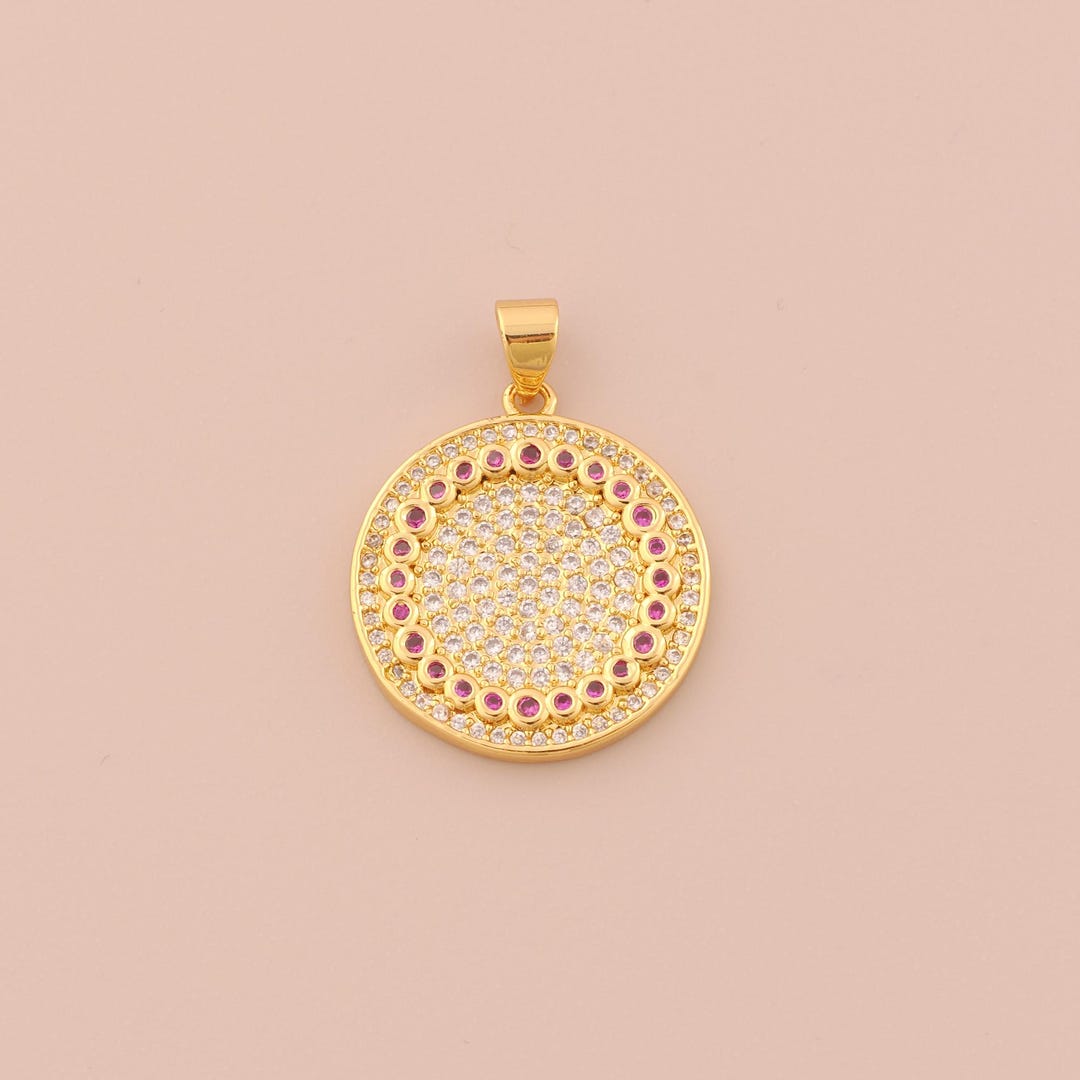 18K Gold Filled Round Pendant Gold Coin Charms CZ Round Charm for DIY ...