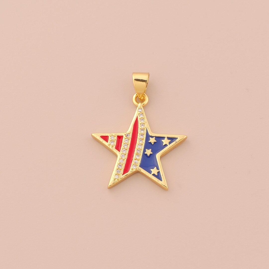 18K Gold Filled Star Pendant Gold Enamel Celestial Charms CZ Flag Charm ...