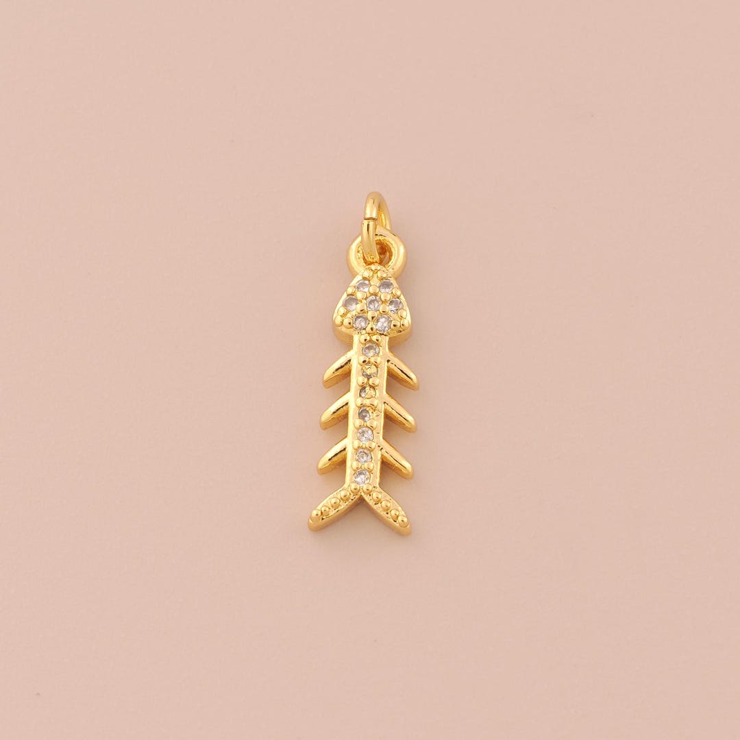 18K Gold Filled Fishbone Pendant Gold Fishbone Charms CZ Fishbone Charm ...