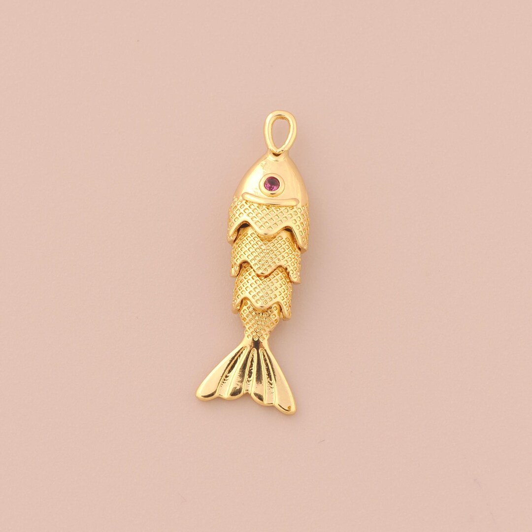 18K Gold Filled Movable 3D Articulated Fish Pendant Gold CZ Fish Charms ...