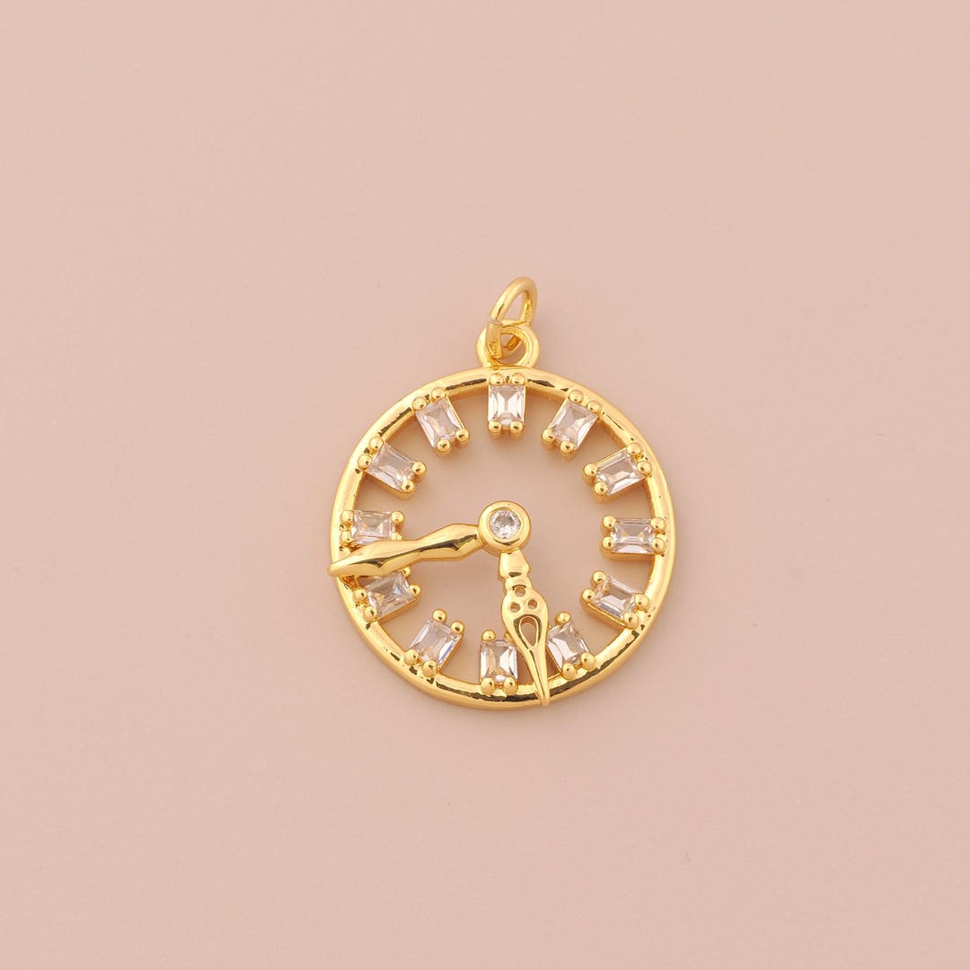 18K Gold Filled Clock Pendant Gold Round Charms CZ Clock Charm for DIY ...