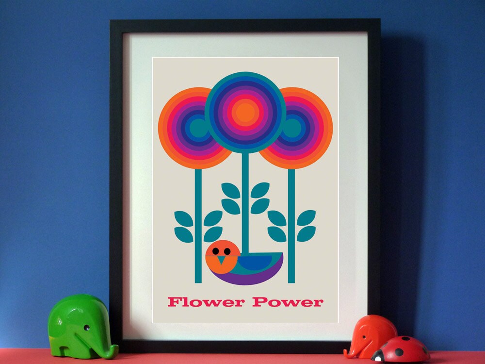 SALE Vintage inspired Flower Power A3 print Vintage Mid-century style print