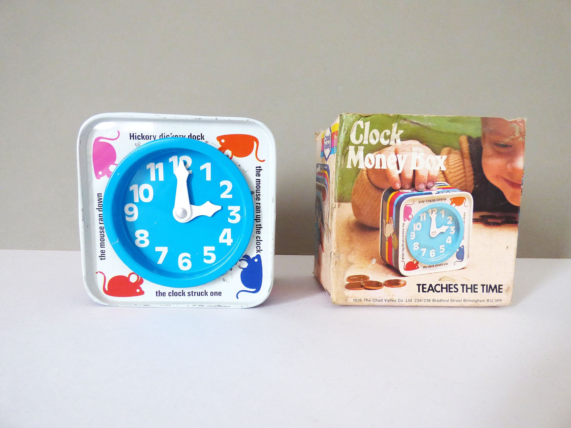 1970's Vintage tin clock money box chad valley