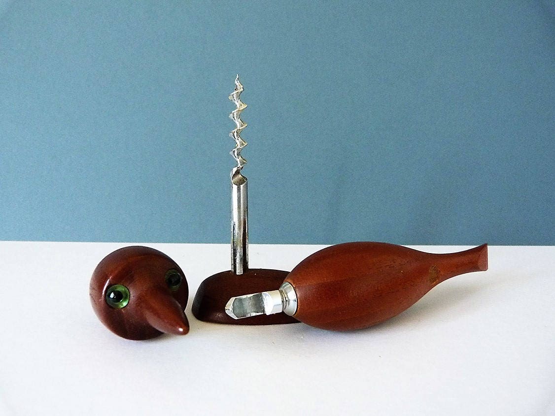 Bird Bottle Opener Corkscrew MCM Teak Vintage