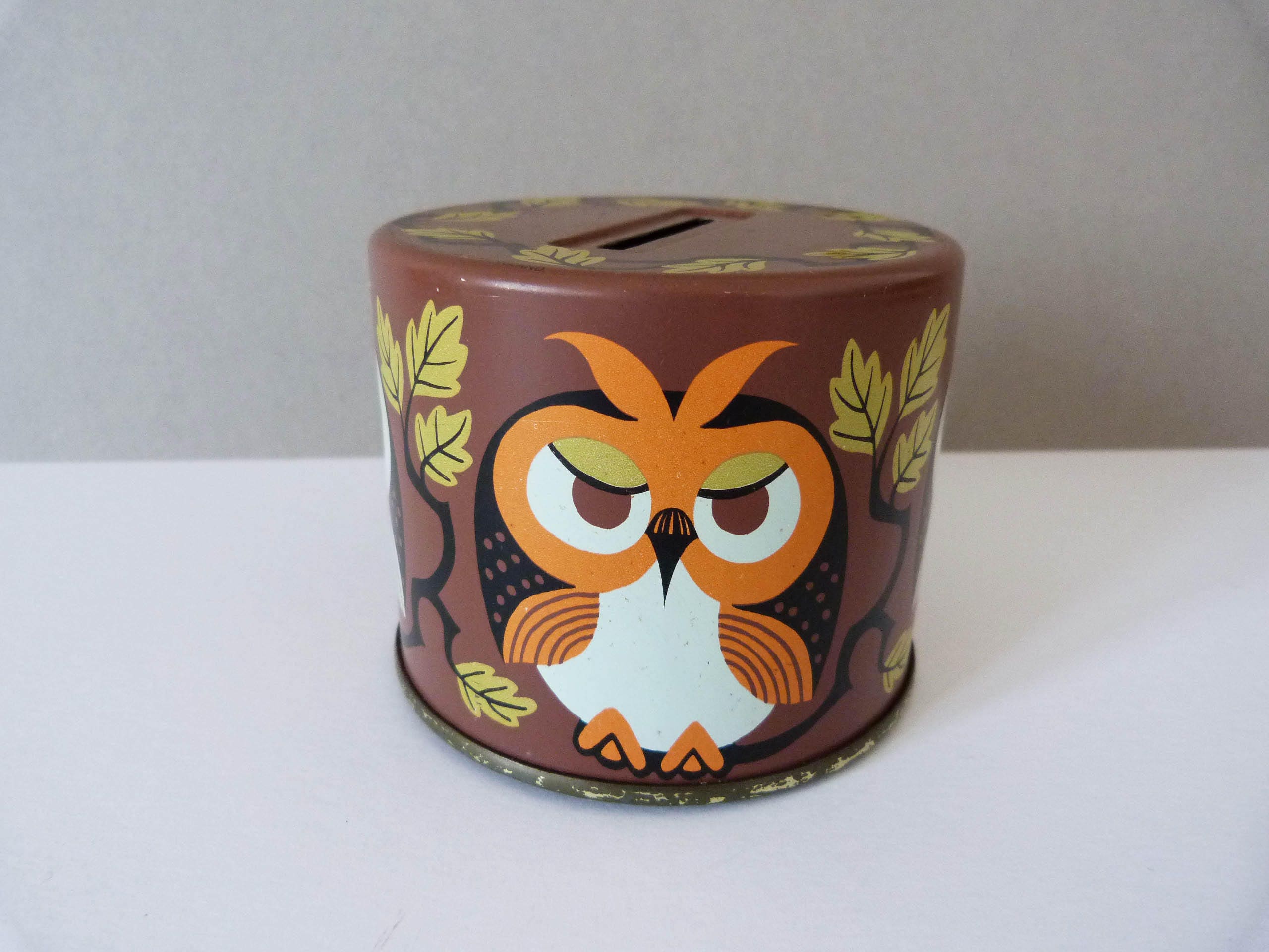 Vintage tin owl money box coin bank