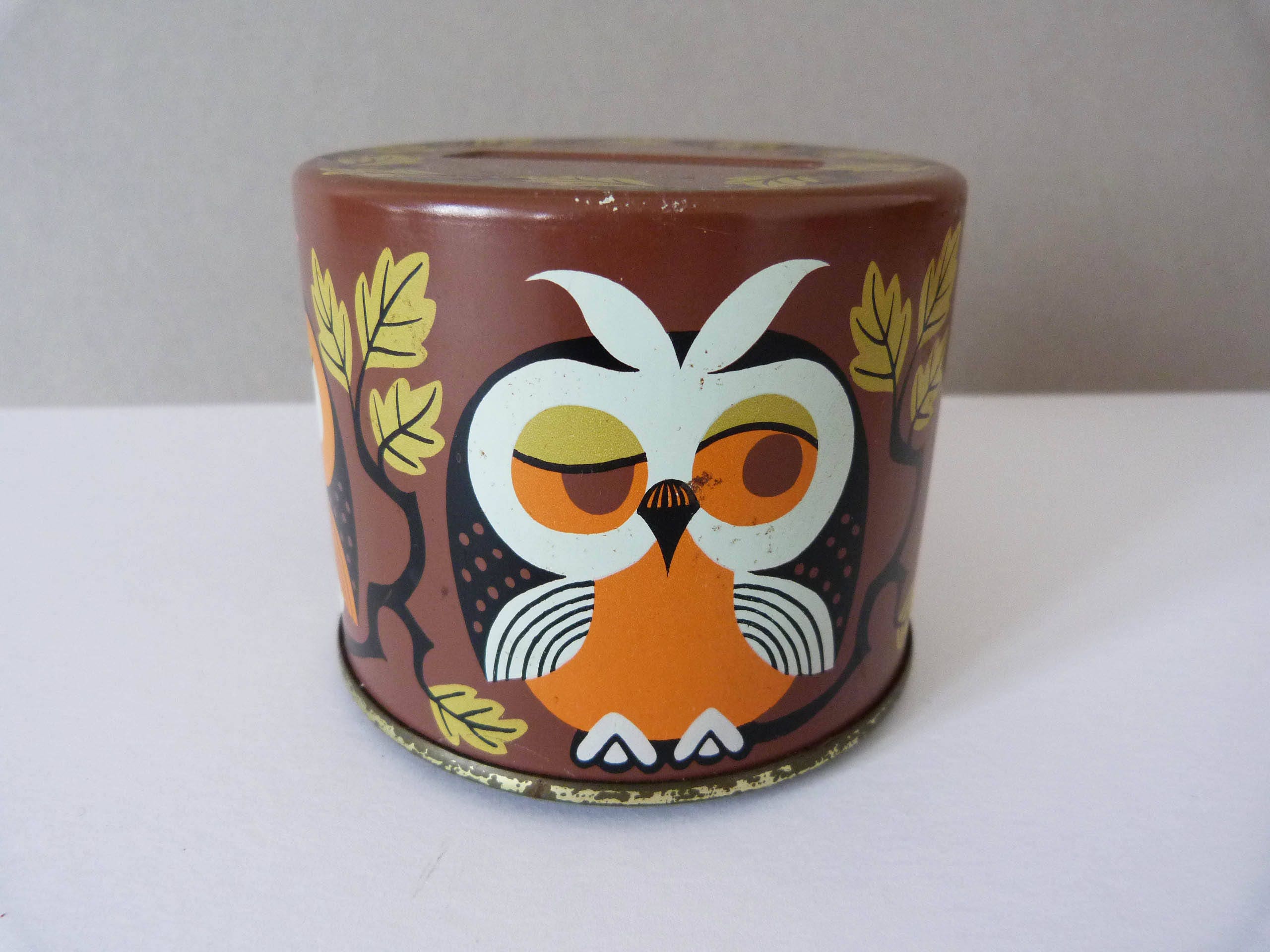 Vintage tin owl money box coin bank