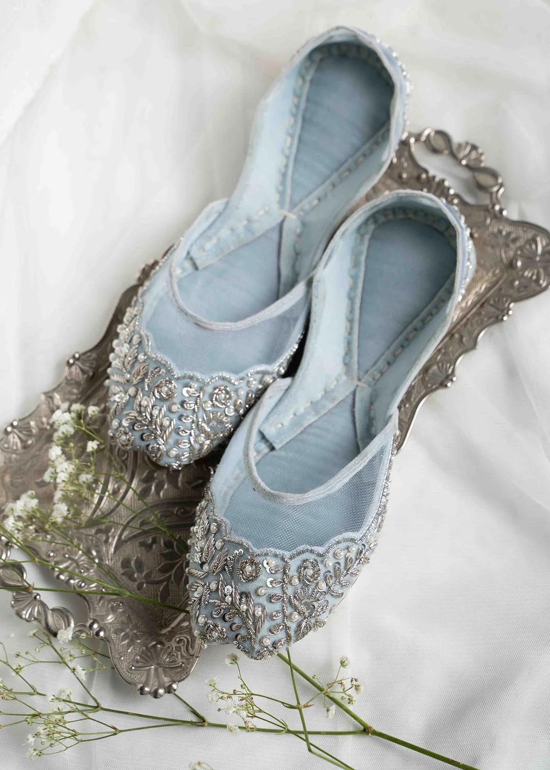Snow Blue Bridal Khussa Jutti: Silver Mirror Embroidered Flats/mojari ...