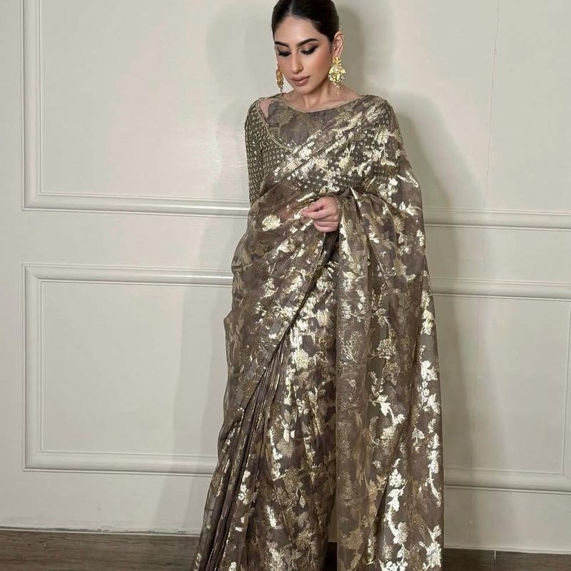 Bridal Brown Gold Saree - Etsy UK