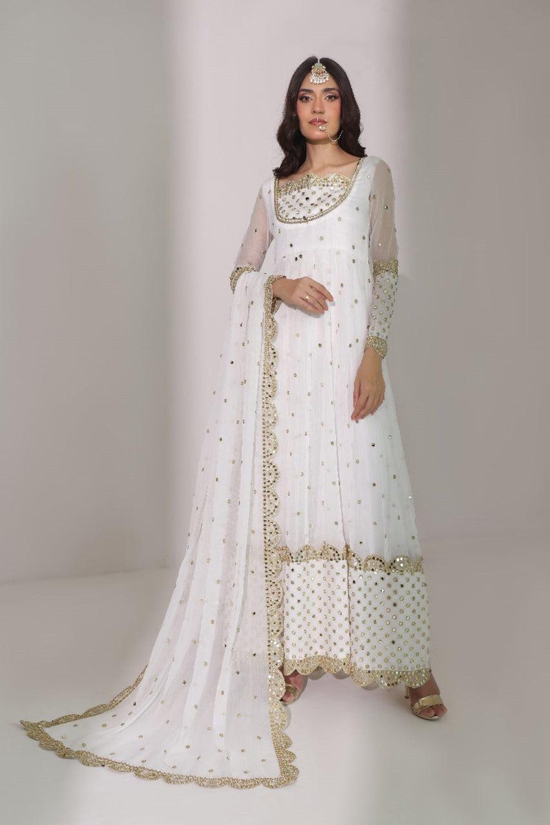 Embroidered White Chiffon Pakistani Suit: Mirror Work Frock With ...