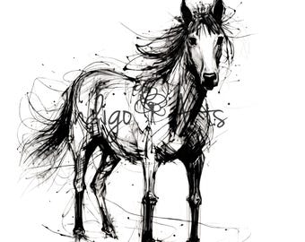 Horse Printable Digital Download Cute Horse JPG High Res Drawing of ...