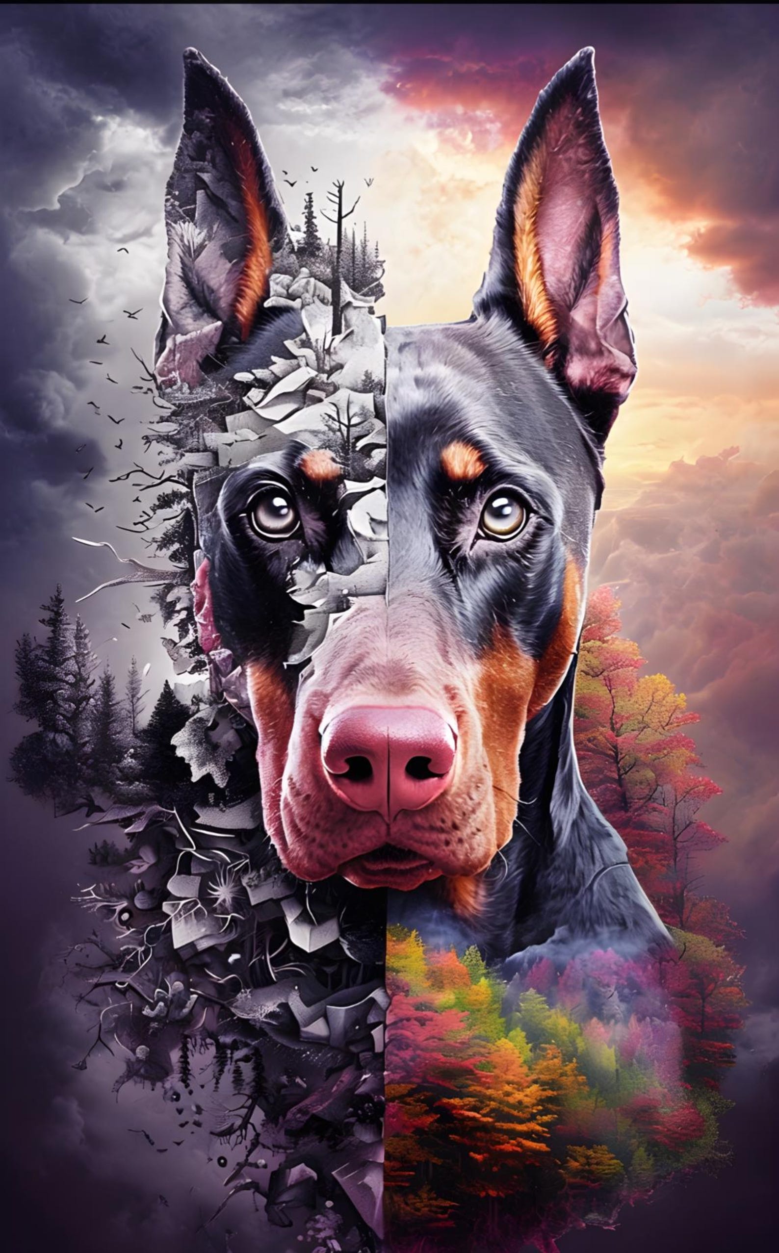 Doberman Split Landscape PNG | Half Nature Half Abstract Dog Art ...