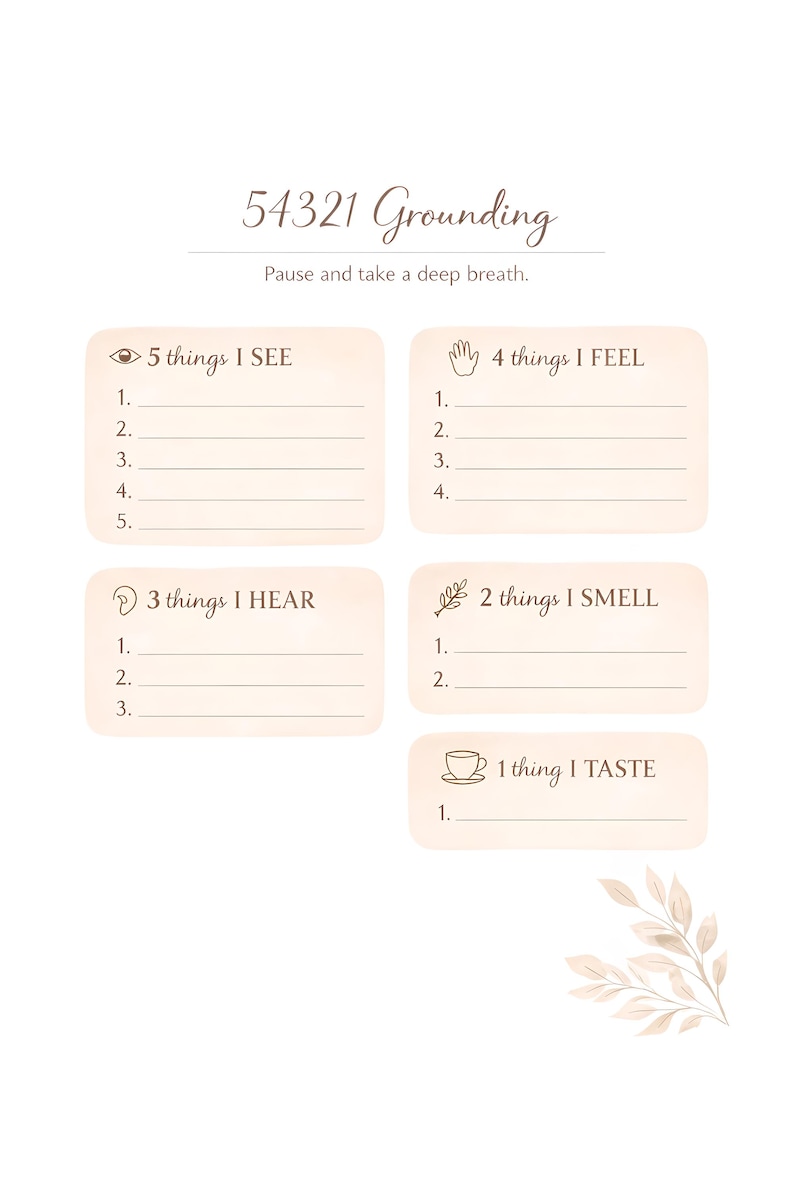 54321 Grounding Exercise Printable | Anxiety Relief Worksheet | 5-4-3-2 ...