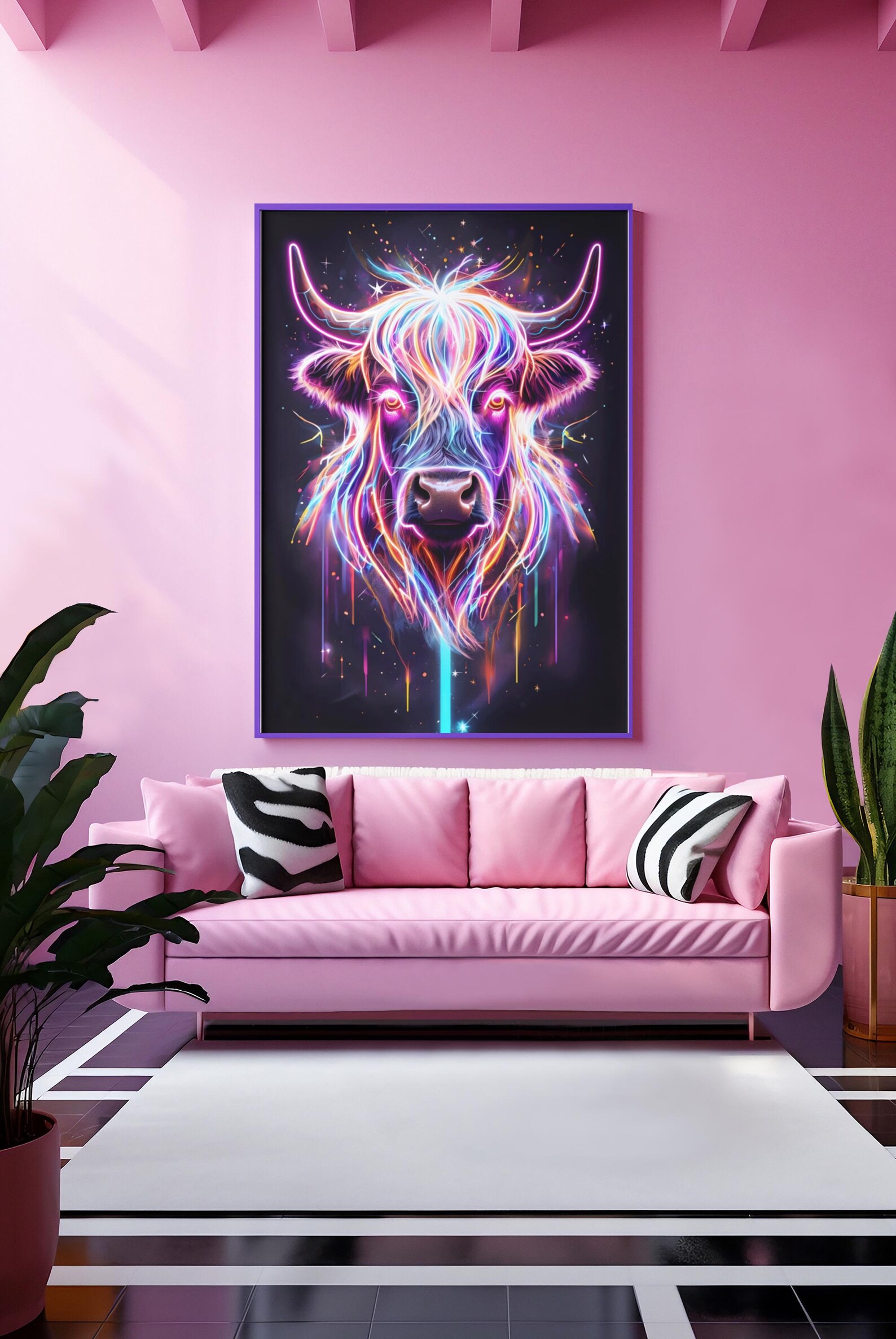 Electric Highland Cow Wall Art | Neon Highland Cow Digital Download ...