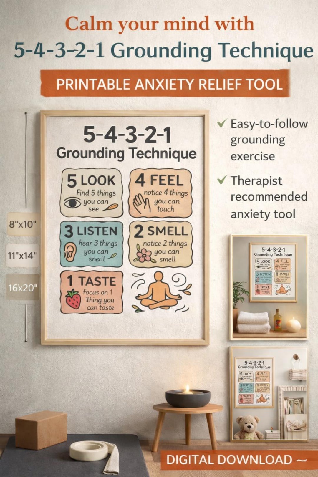 5-4-3-2-1 Grounding Technique Poster | Anxiety Relief Chart | Therapy ...